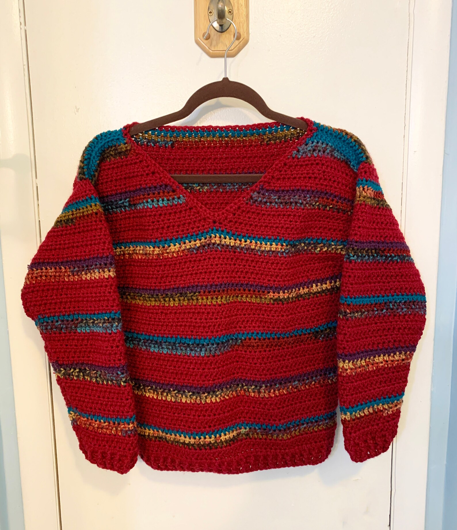Handmade Crocheted V-neck Sweater: Red Multicolor Stripe - Etsy