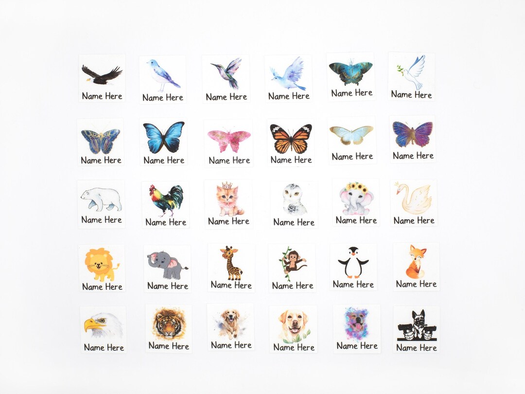 Personalized Iron on Name Labels With Animals! Birds, Butterflies, Dogs ...