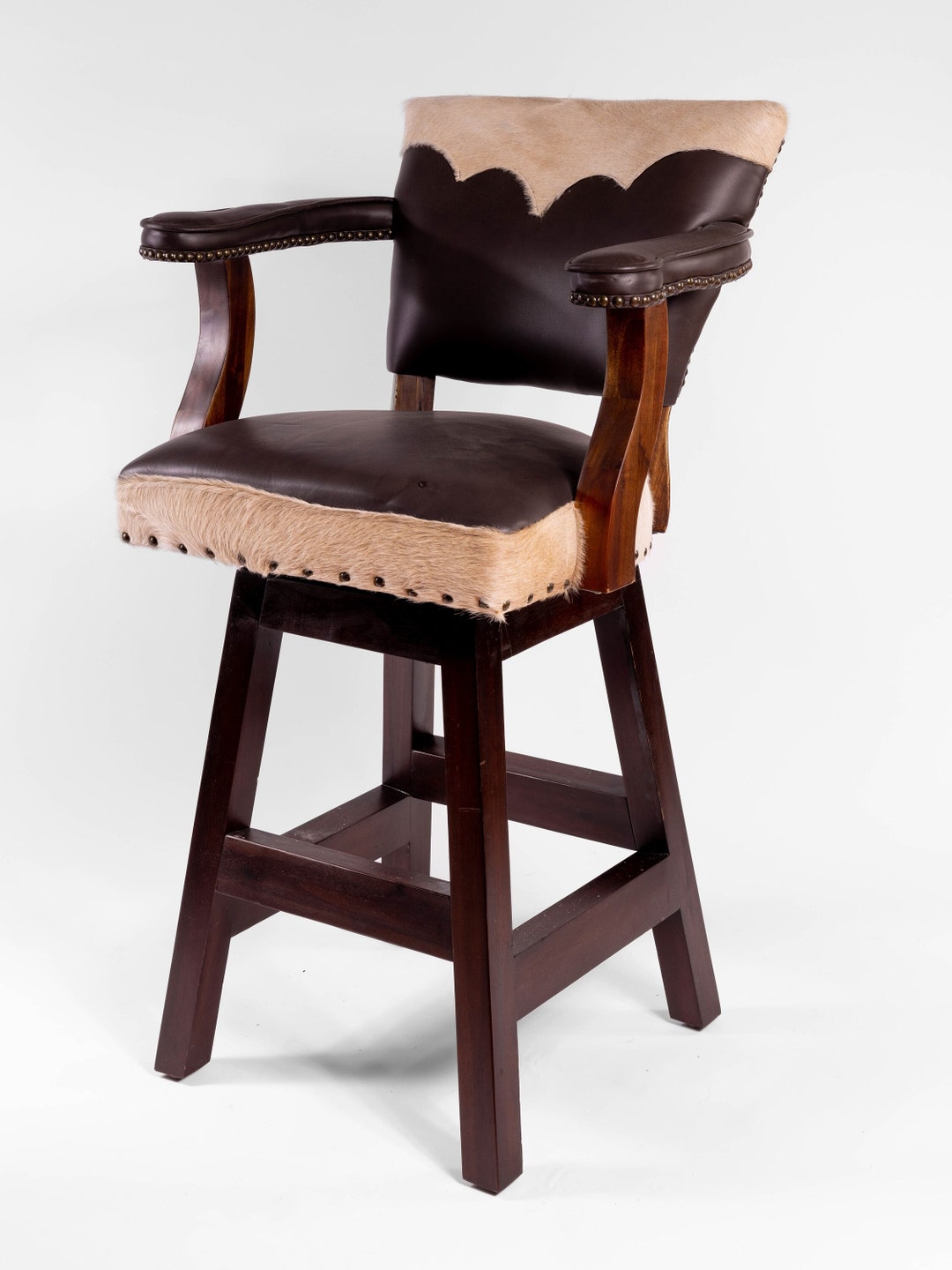 Trophy Ranch Bar Stool With White Hide Yolk Leather & Swivel ...