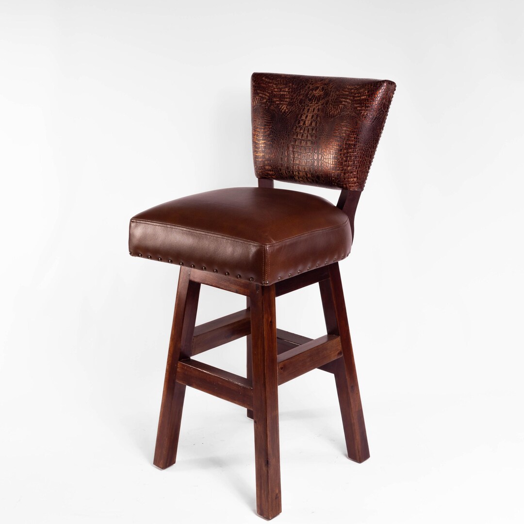 Rustic Leather Armless Bar Stool With Back Brown Croc Embossed Leather ...