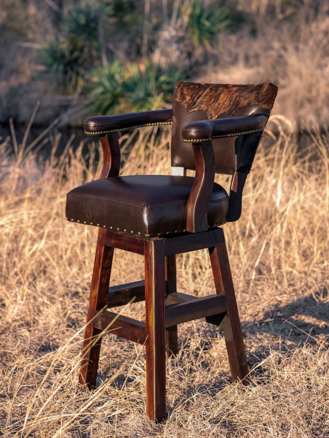 Trophy Ranch Bar Stool With Brown Hide Leather Cow Hair on Hide Yolk ...