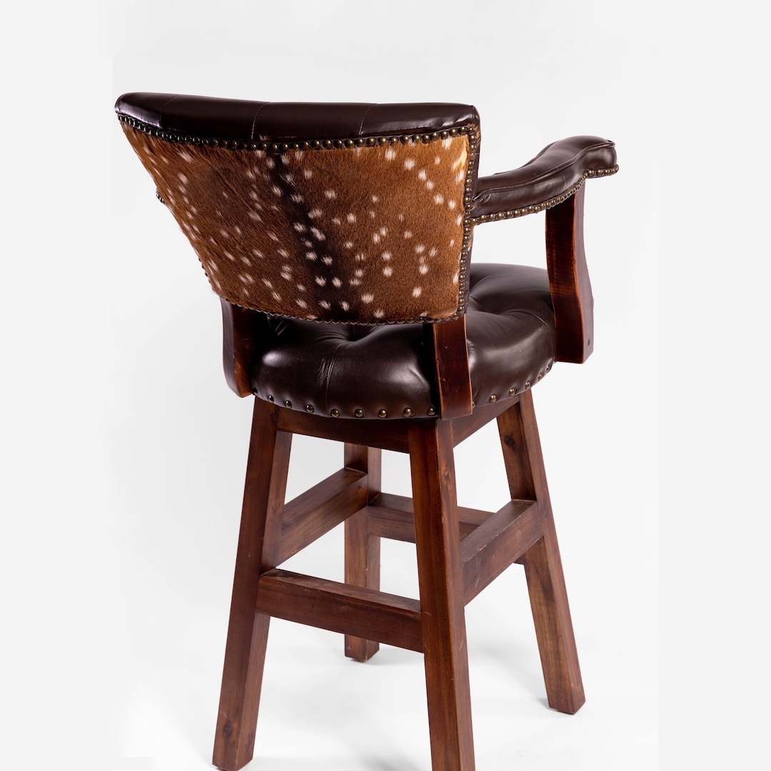 Trophy Ranch Bar Stool Tufted Leather & Deer Axis Hide Back With Swivel ...