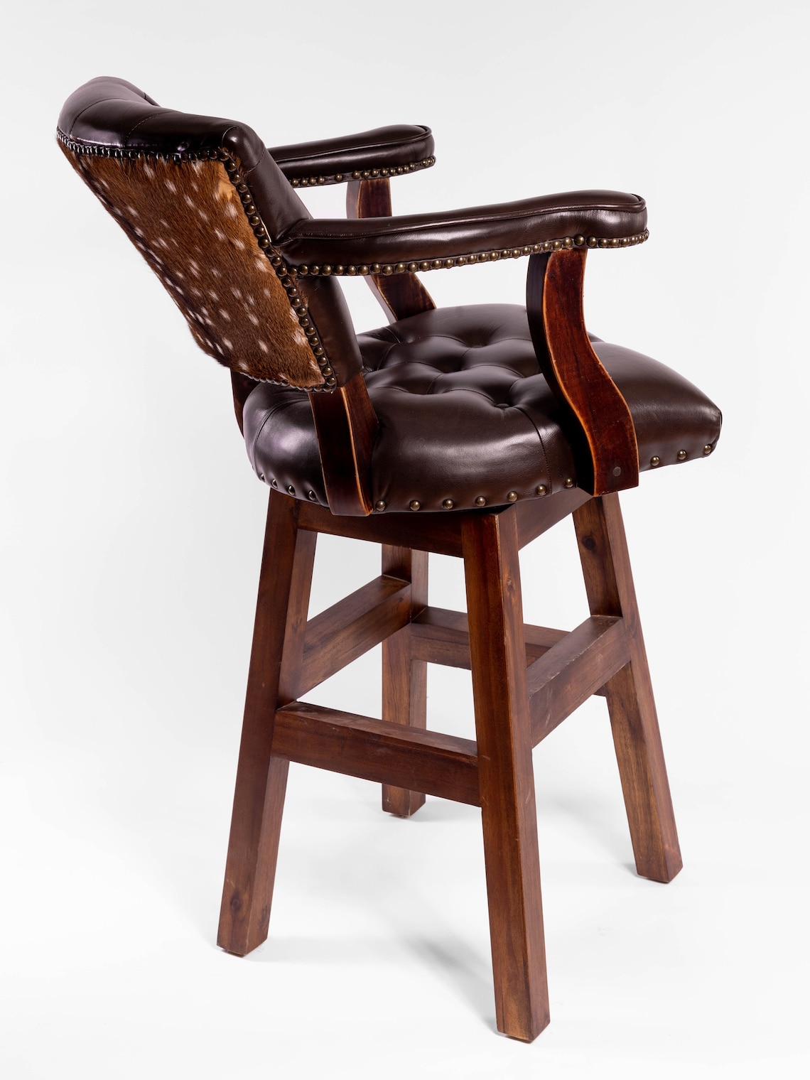 Trophy Ranch Bar Stool Tufted Leather & Deer Axis Hide Back With Swivel ...