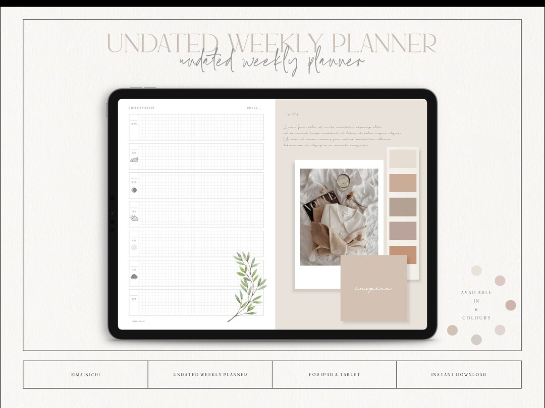 Undated Weekly Planner for iPad & Tablet for Goodnotes, Noteshelf ...