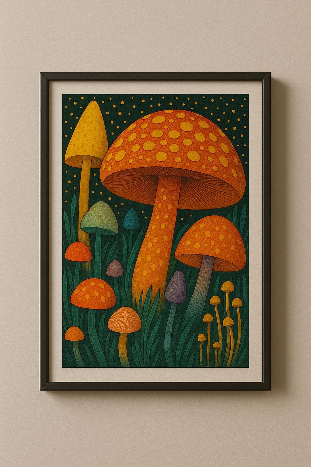 Whimsical Mushroom Forest Art Print – Vibrant Psychedelic Fungi Illustration | Retro Fantasy ...
