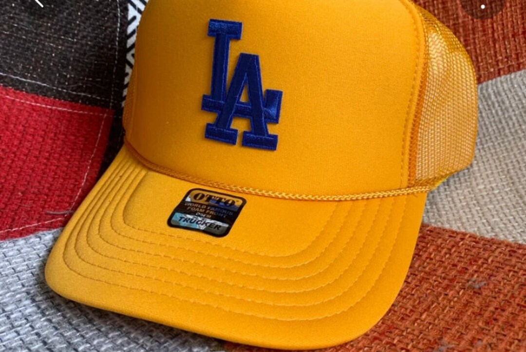 New LA Yellow/blue Cap Hat 5 Panel High Crown Mesh Trucker Snapback ...