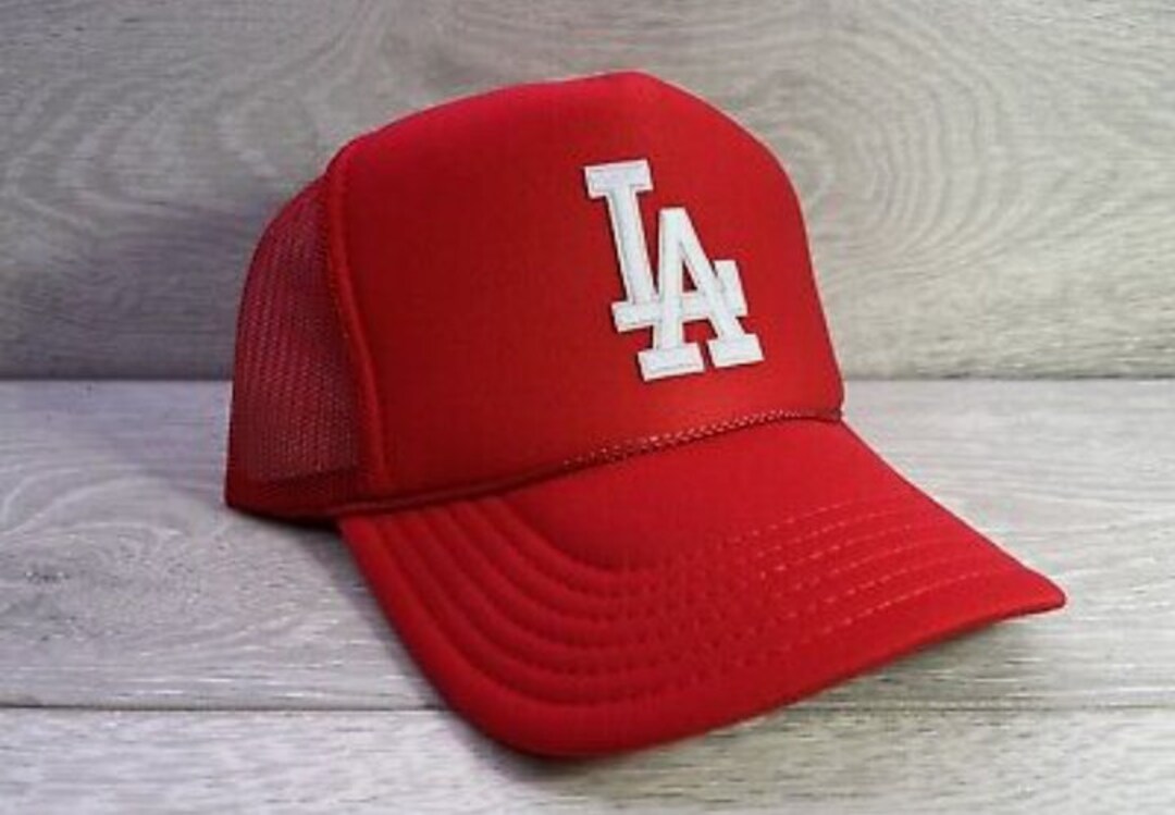 New LA Red Cap Hat 5 Panel High Crown Mesh Trucker Snapback Vintage ...