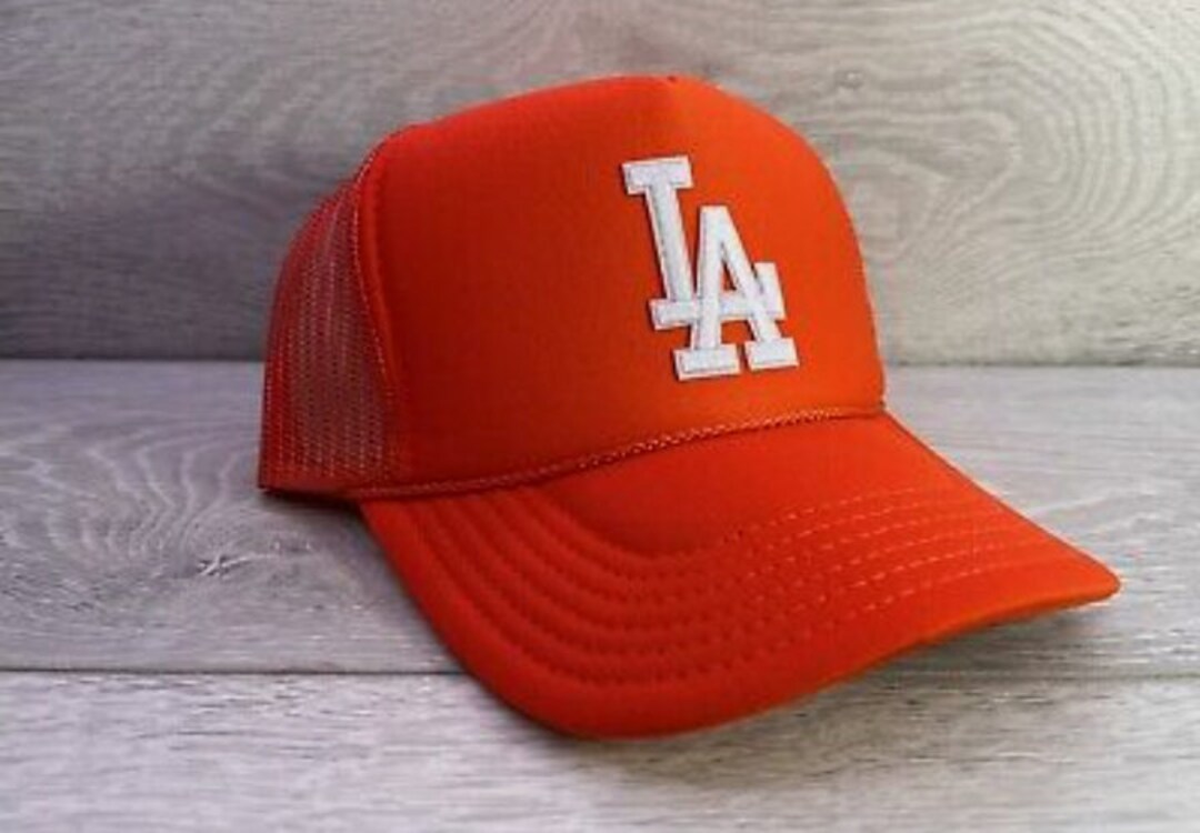 New LA Orange Cap Hat 5 Panel High Crown Mesh Trucker Snapback Vintage ...