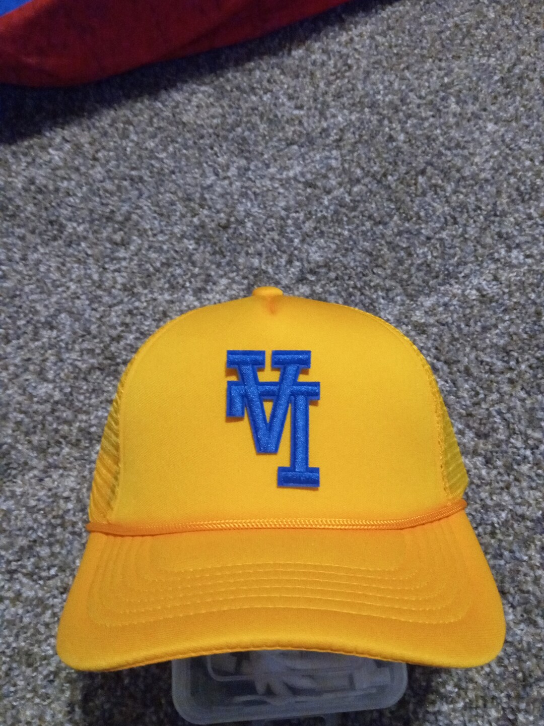 Upsidedown LA Yellow/blue Cap Hat 5 Panel High Crown Mesh Trucker ...