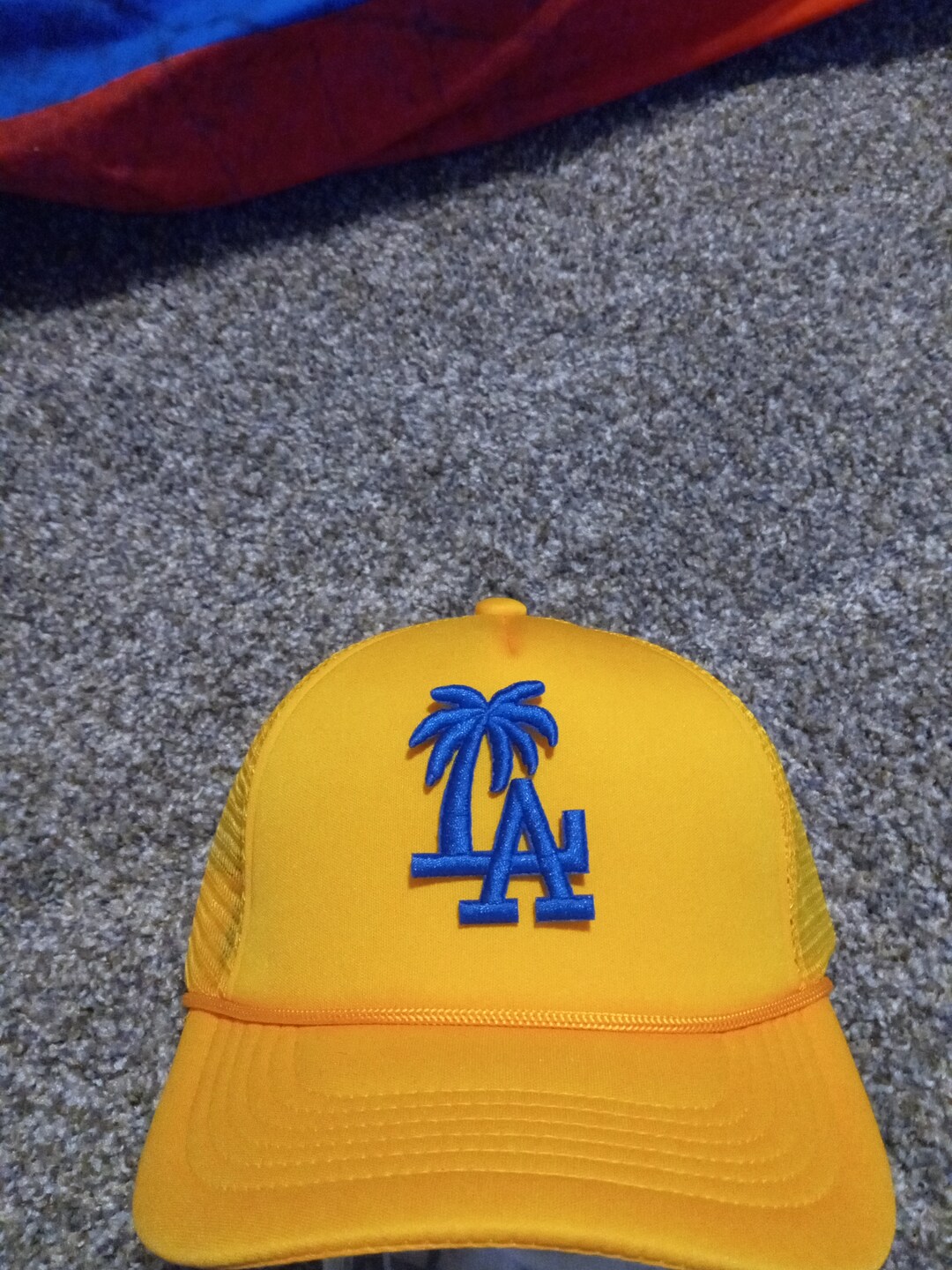 New LA Palm Tree Yellow/blue Cap Hat 5 Panel High Crown Mesh Trucker ...