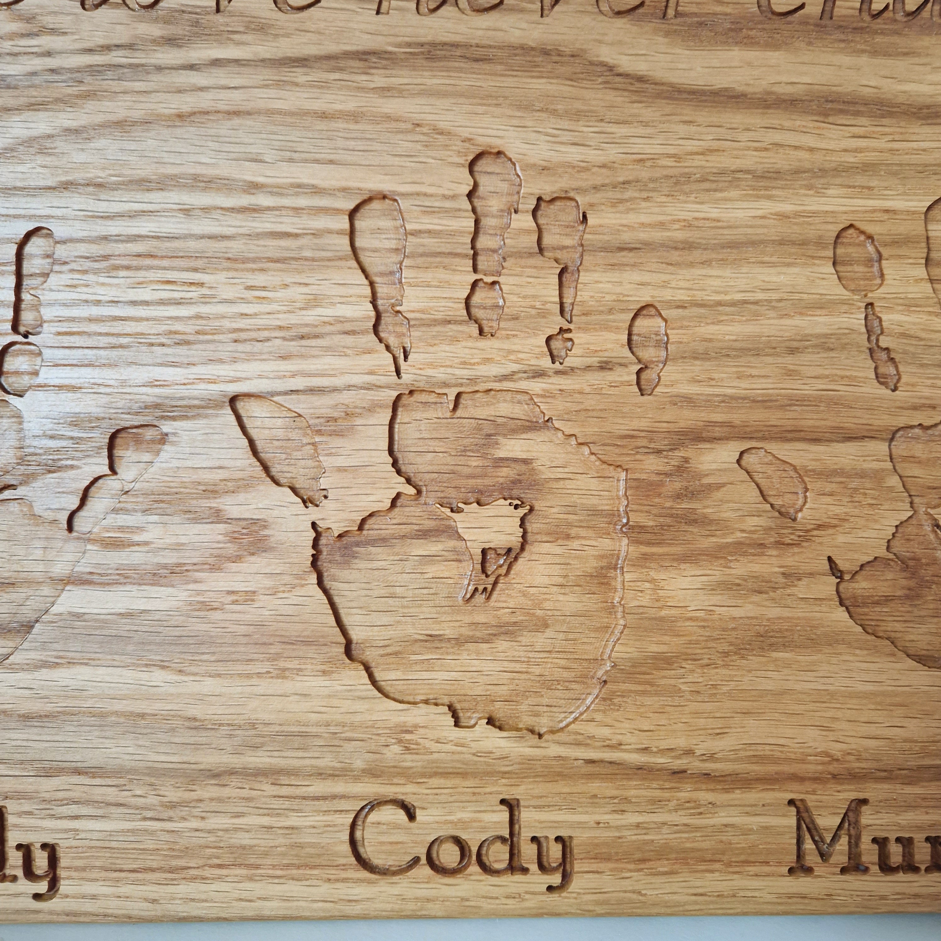 Carved Oak Family Handprint Wall Plaque, Engraved Childs Hand Print ...