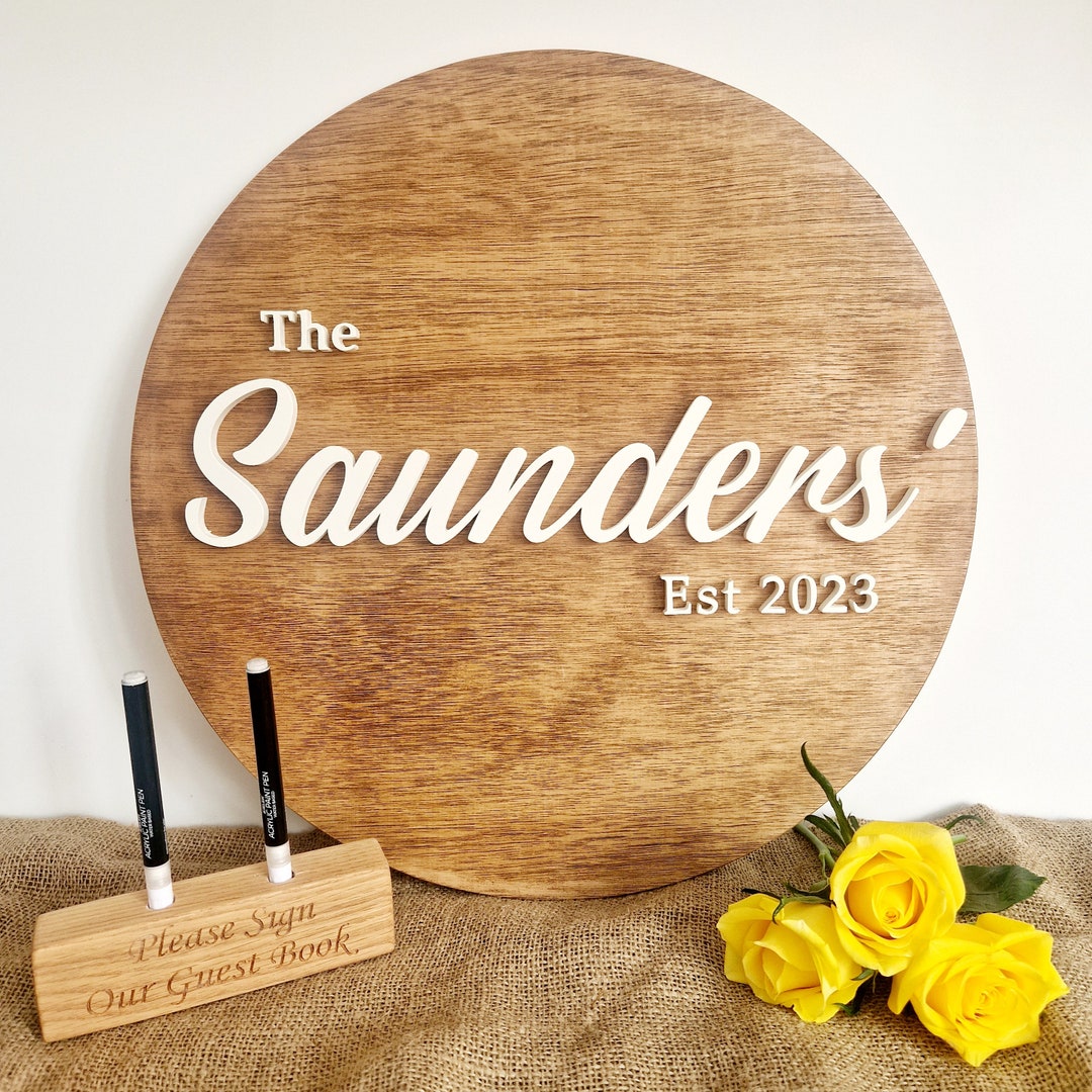 Wooden Wedding Signing Board & Personalised Oak Pen Holder, Please Sign ...