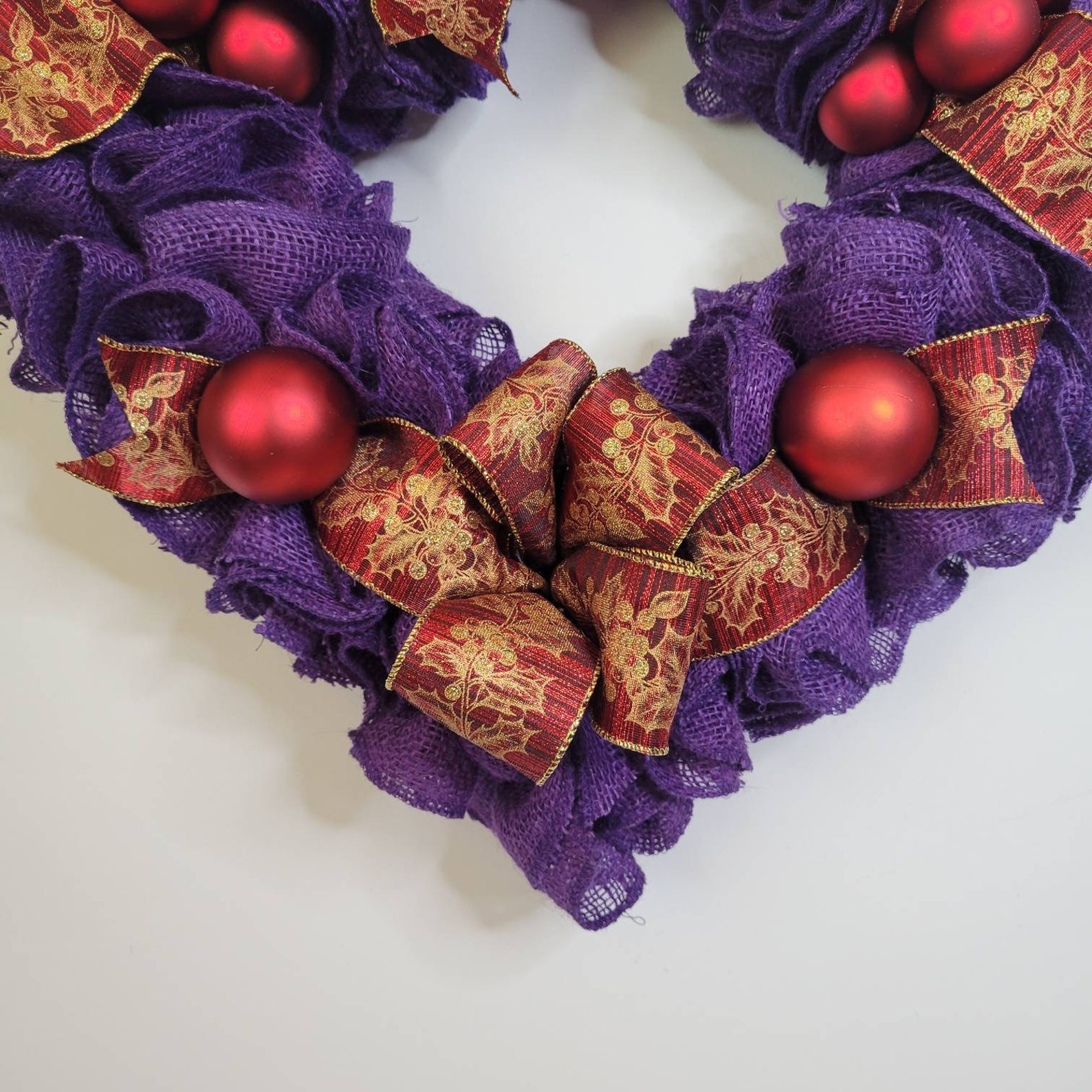 Christmas Red Poinsettia Square Wreath, Purple Burlap for Front Door ...