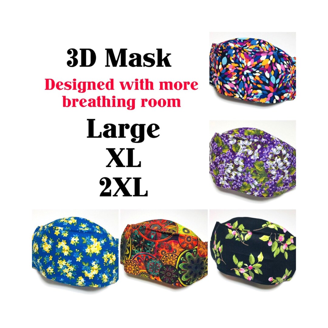 3D Women’s Fabric Face Mask, (sizes Large, XL, 2XL) Adjustable Elastic ...