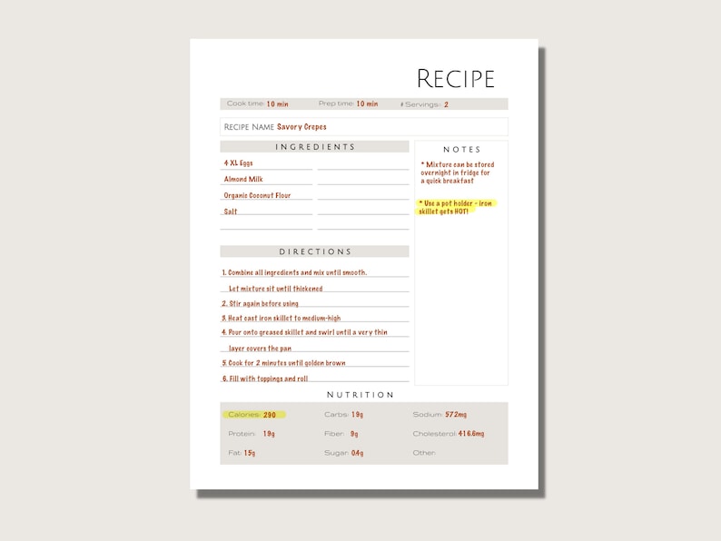 Printable Recipe Card Template *WITH Nutrition Facts* | Full Page ...