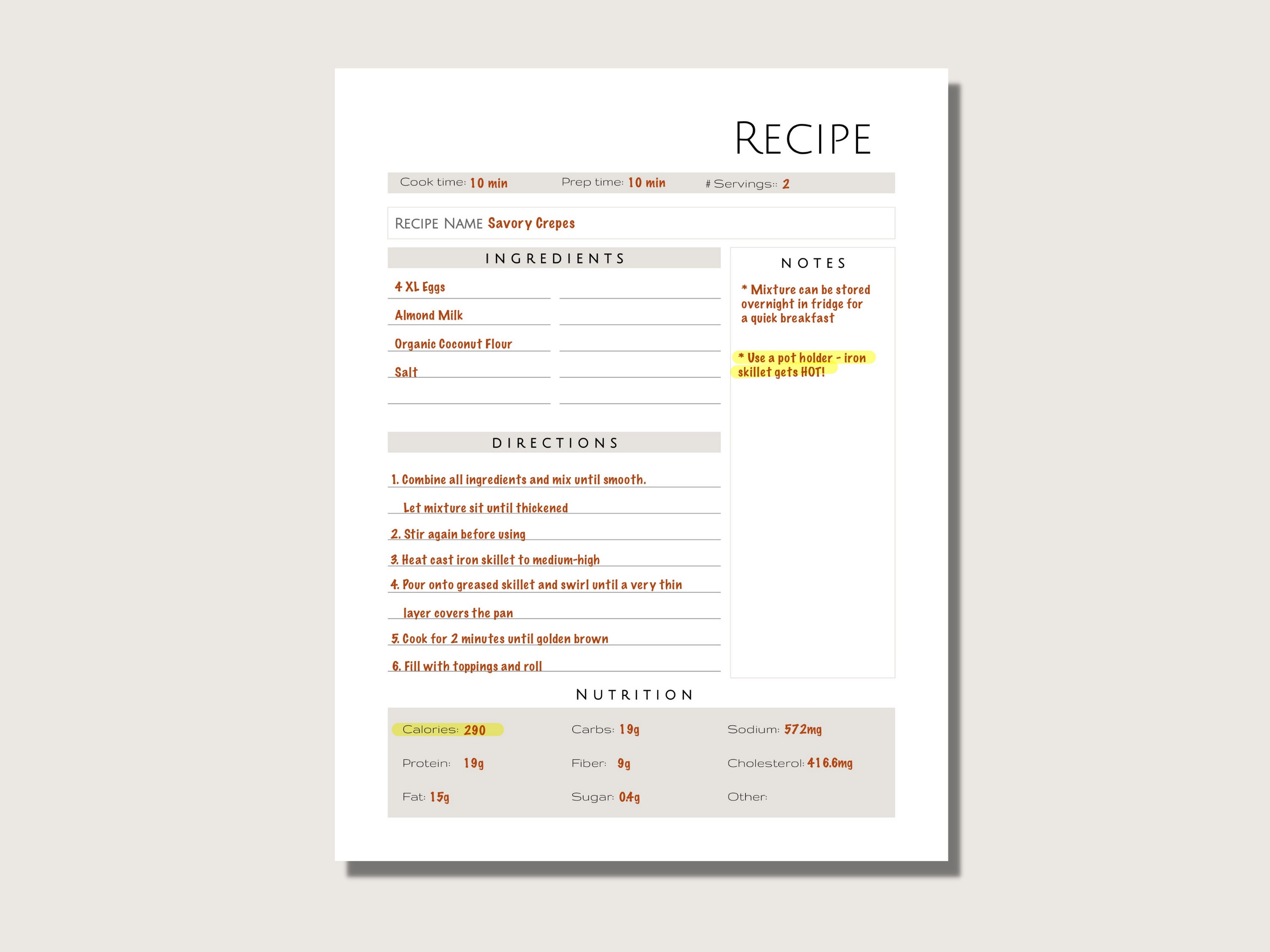 Printable Recipe Card Template *WITH Nutrition Facts* | Full Page ...