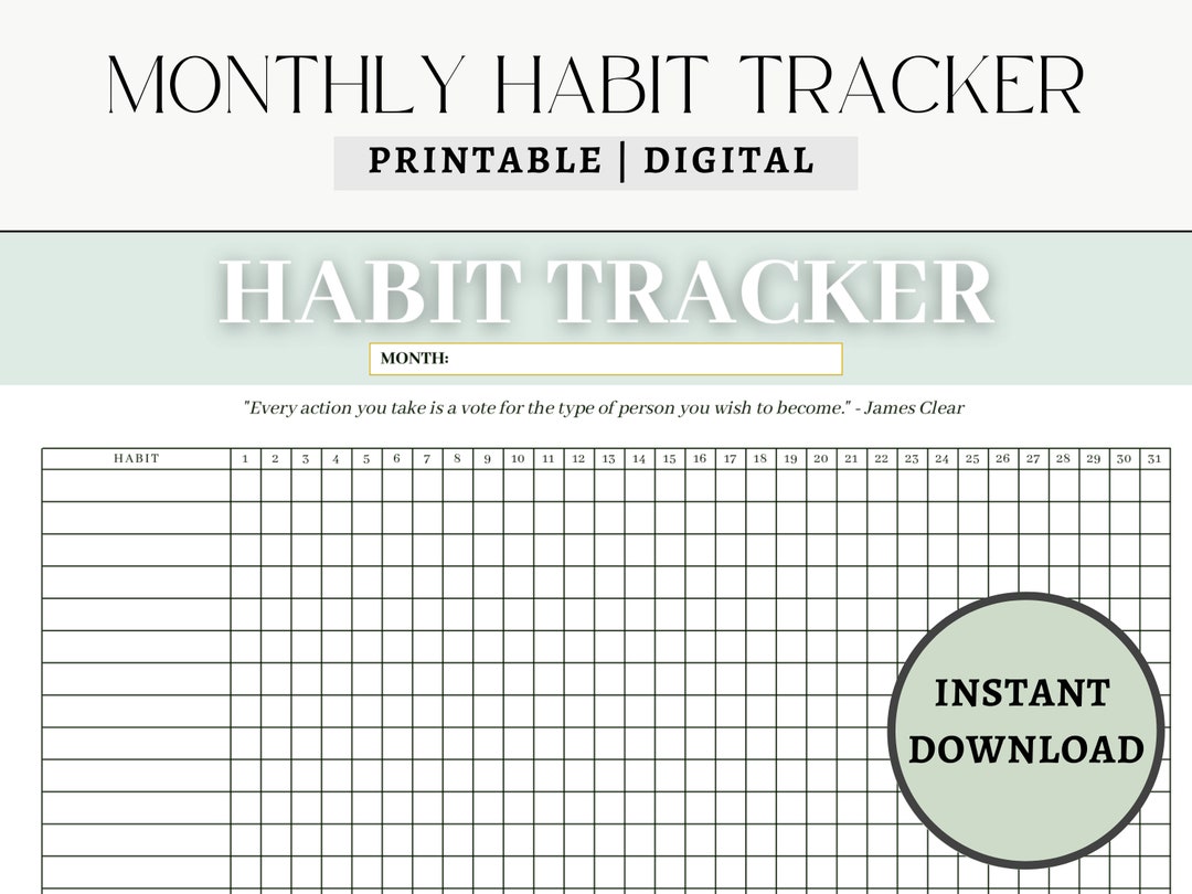 Simple Monthly Habit Tracker, Minimal Daily Habit Log - Instant ...