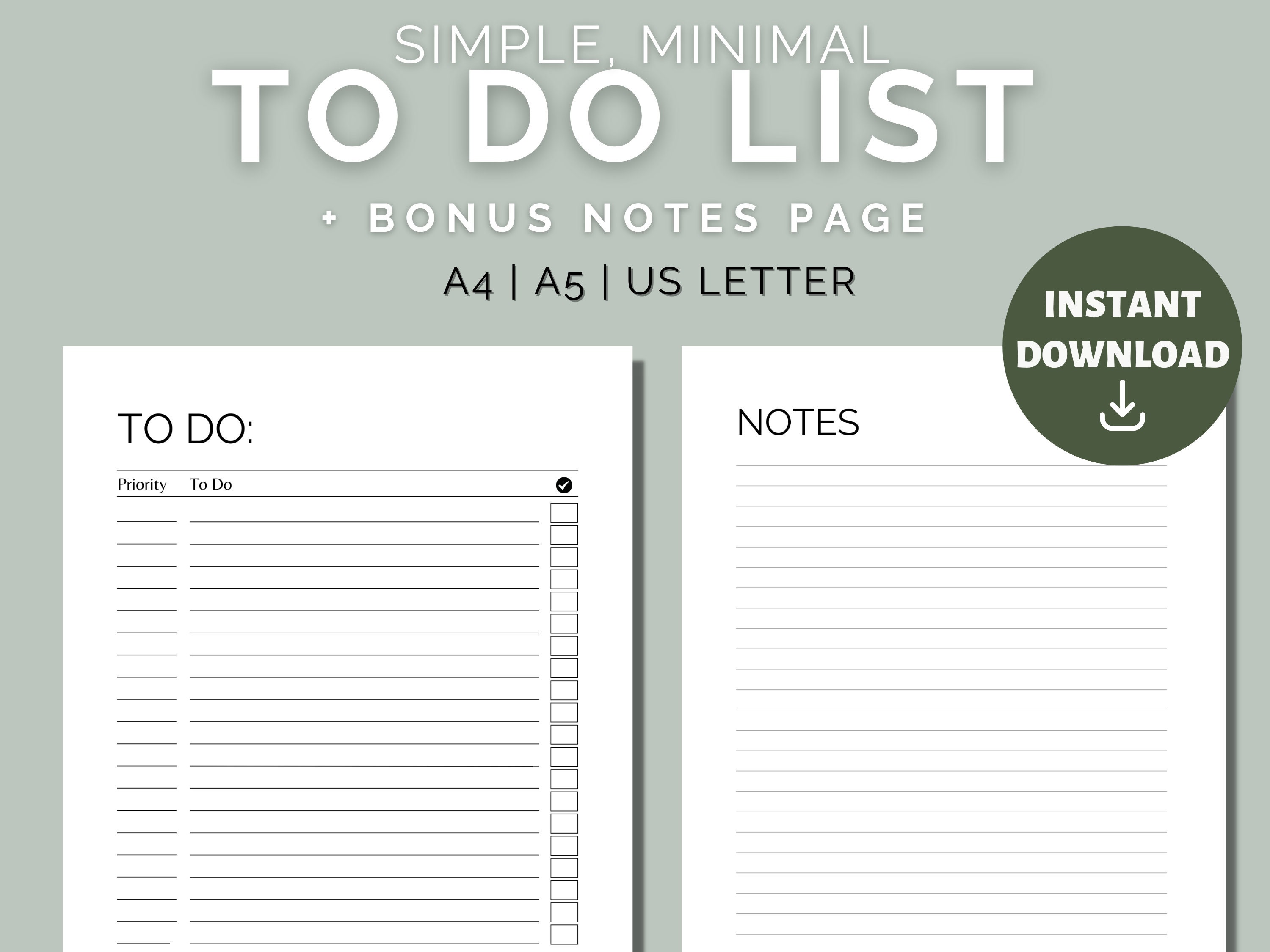 Printable to Do List Digital Download A4 A5 & US Letter - Etsy