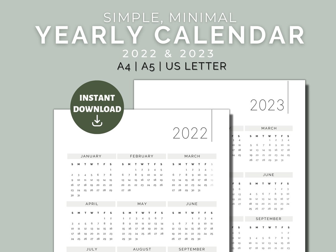 2022 - 2023 Yearly Calendars, Digital & Printable PDF - Instant ...