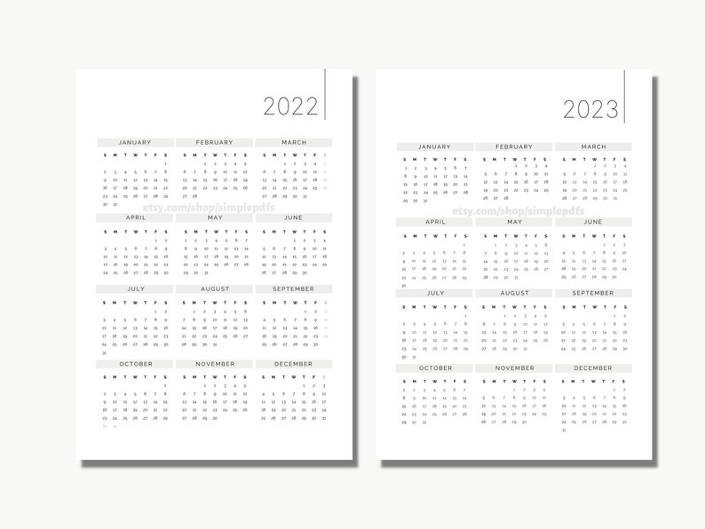 2022 - 2023 Yearly Calendars, Digital & Printable PDF - Instant ...