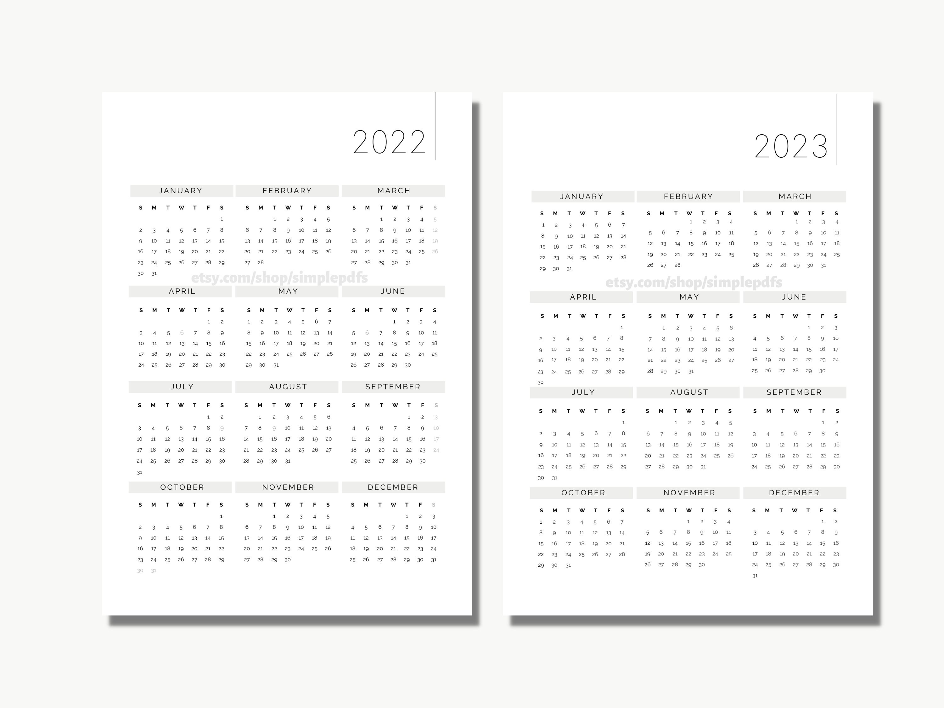 2022 - 2023 Yearly Calendars, Digital & Printable PDF - Instant ...