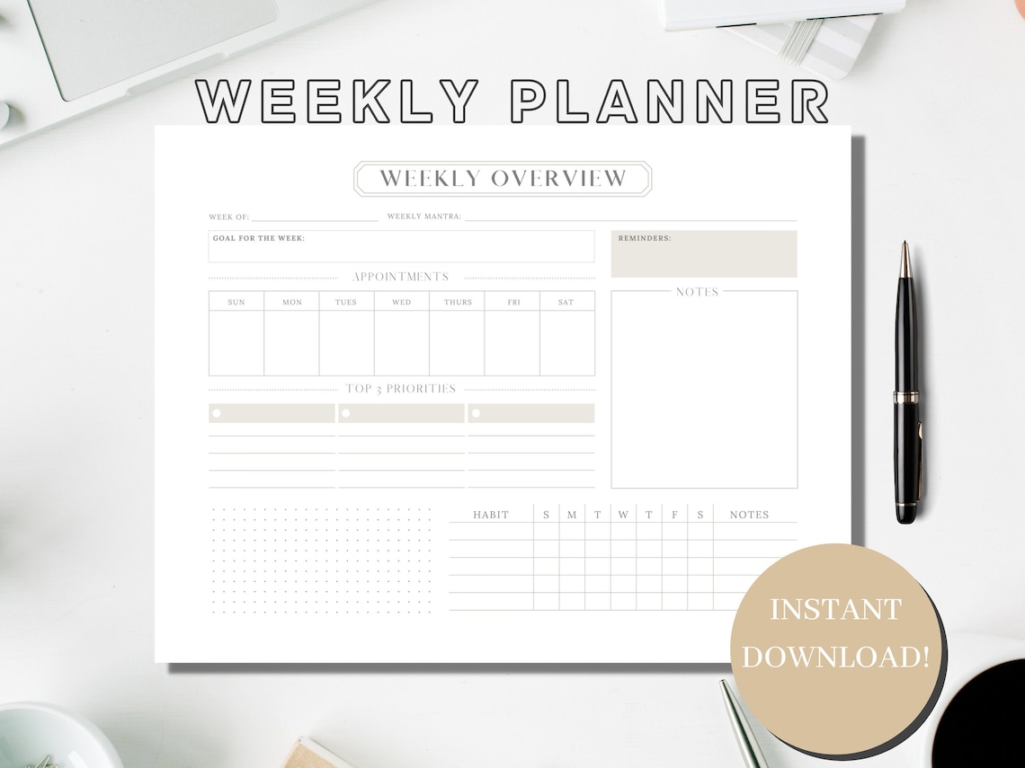 Simple Weekly Planner Landscape, Instant Download, Printable PDF US ...