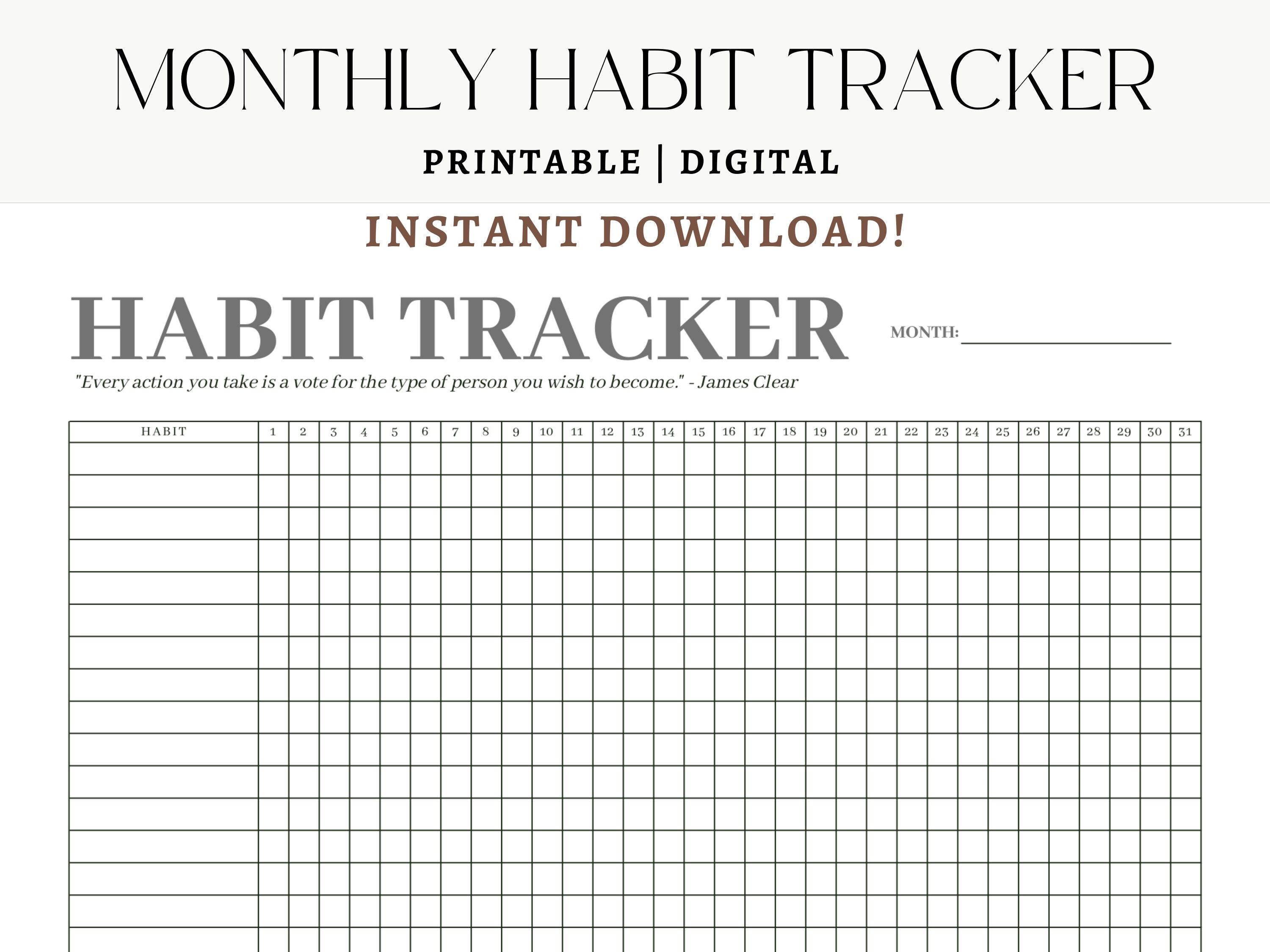 Clean & Simple Monthly Habit Tracker, Minimal Daily Habit Log - Instant ...