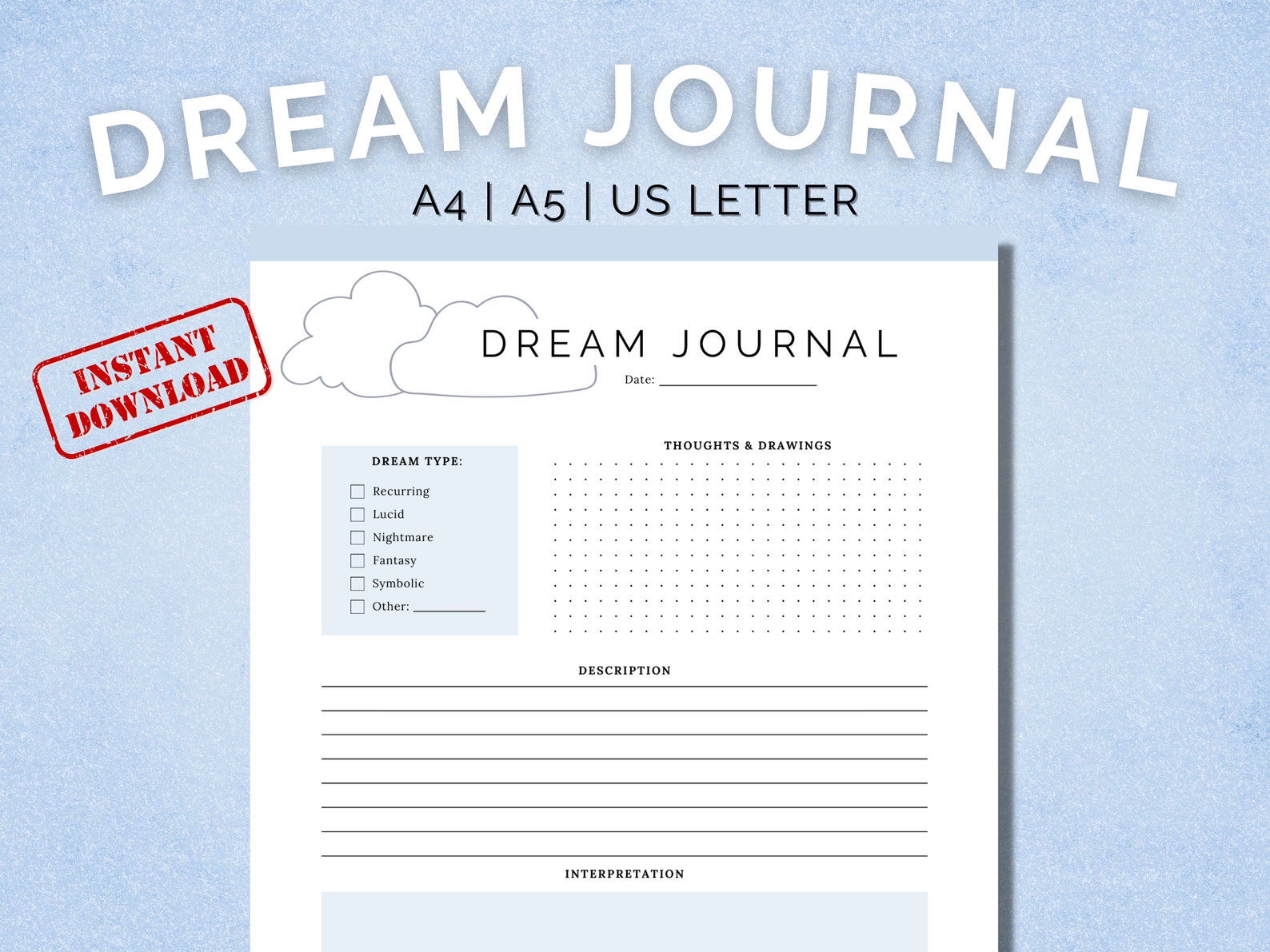 Dream Journal, Daily Dream Diary - Printable PDF & Instant Download ...