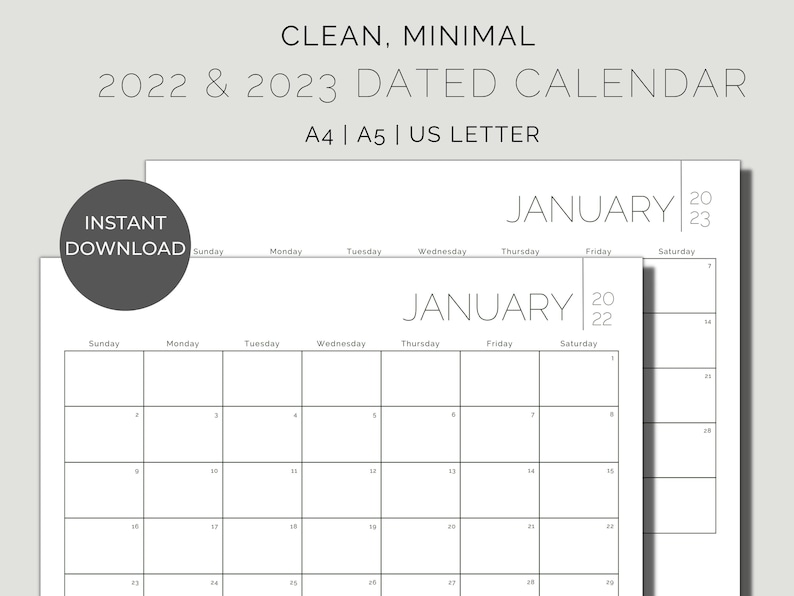 2022 - 2023 Monthly Calendars, Clean & Minimal, Digital or Printable ...