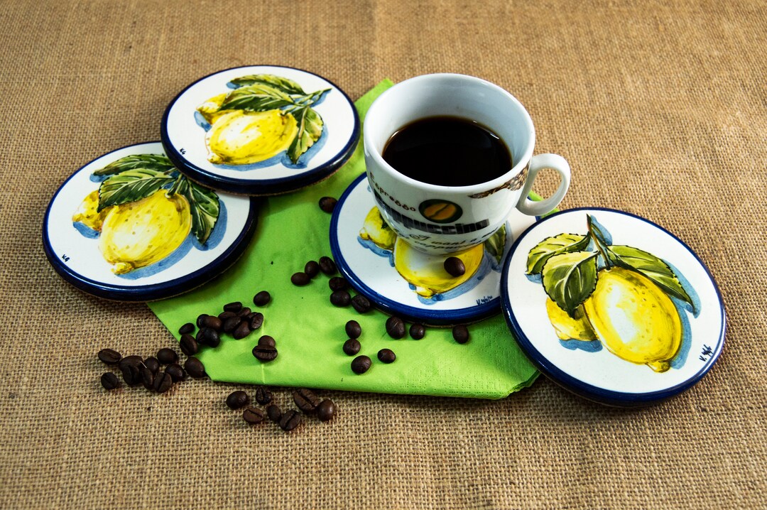Set of 4 Round Hand-painted Coasters, With Lemons.handmade Ceramic ...