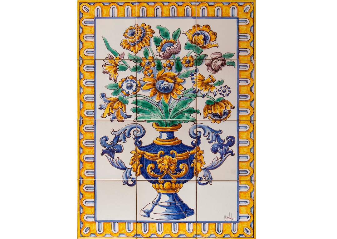 Hand-painted Tile Panel. Vase With Albarrada Flowers. - Etsy