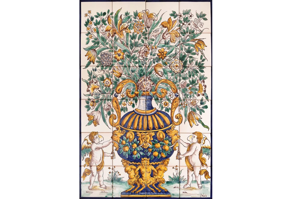 Hand-painted Tile Panel With a Vase of Flowers and Two Angels ...