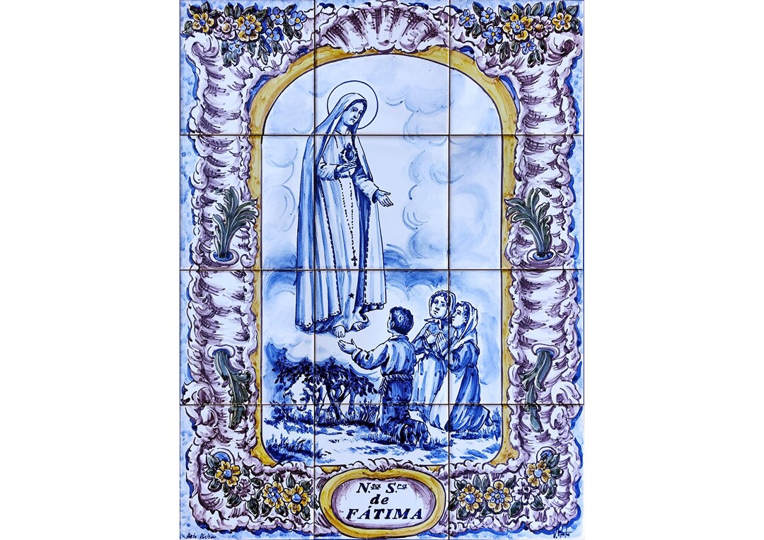 Our Lady of Fatima Tile Panel: Hand-painted Portuguese Ceramics (28x56 ...
