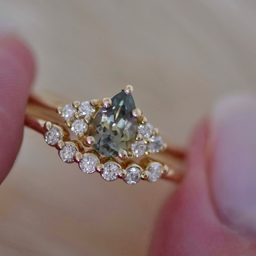 Light Green Montana Sapphire Engagement Ring Set,three Stone Engagement ...