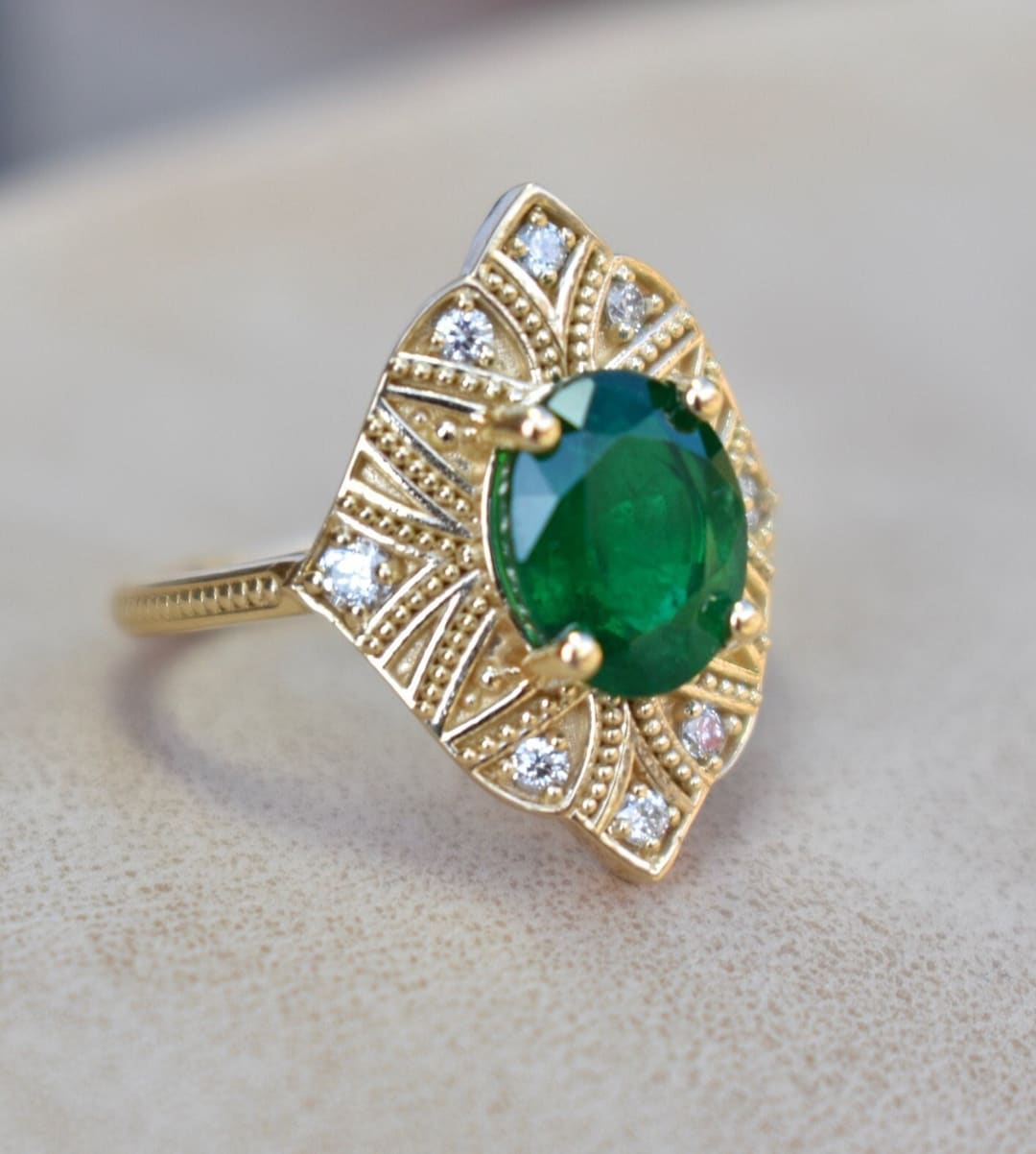 Art Deco Emerald Engagement Ring,emerald Diamond Ring,genuine Emerald ...
