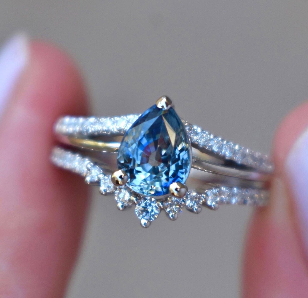 Bi Color Sapphire and Diamond Engagement Ring Set 14K White Gold,parti ...