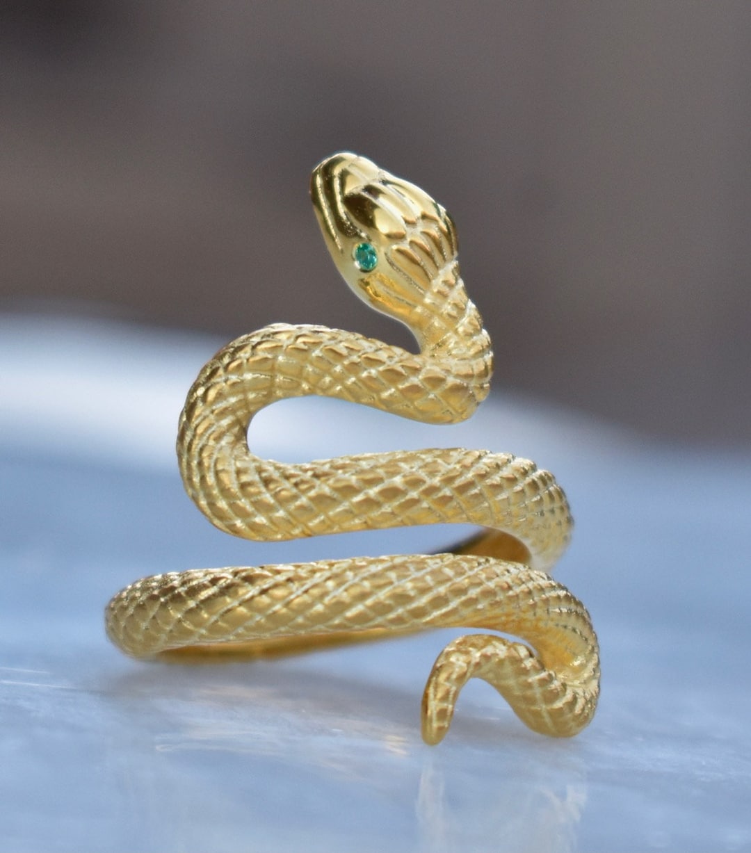 14K Gold Snake Ring W/ Emerald Eyes,snake Septum Ring,two Finger Ring ...