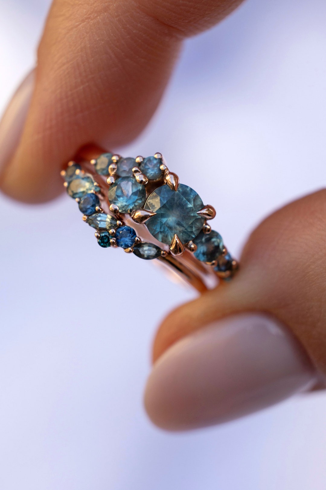 Montana Sapphire Ring Set,montana Sapphire Engagement Ring Set,cluster ...