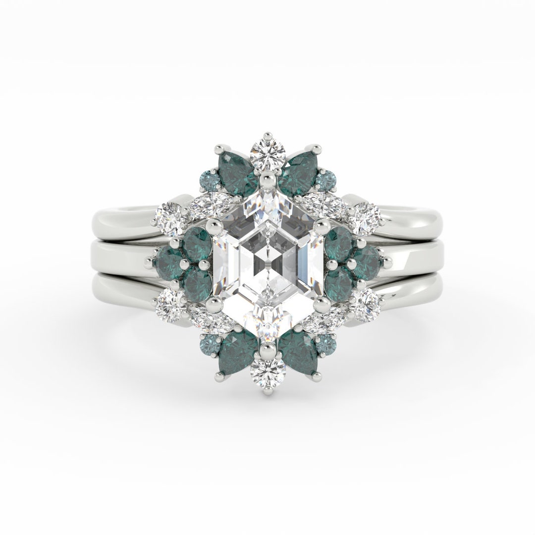 Hexagon Lab Grown Diamond and Natural Sapphire Engagement Ring Set,lab ...