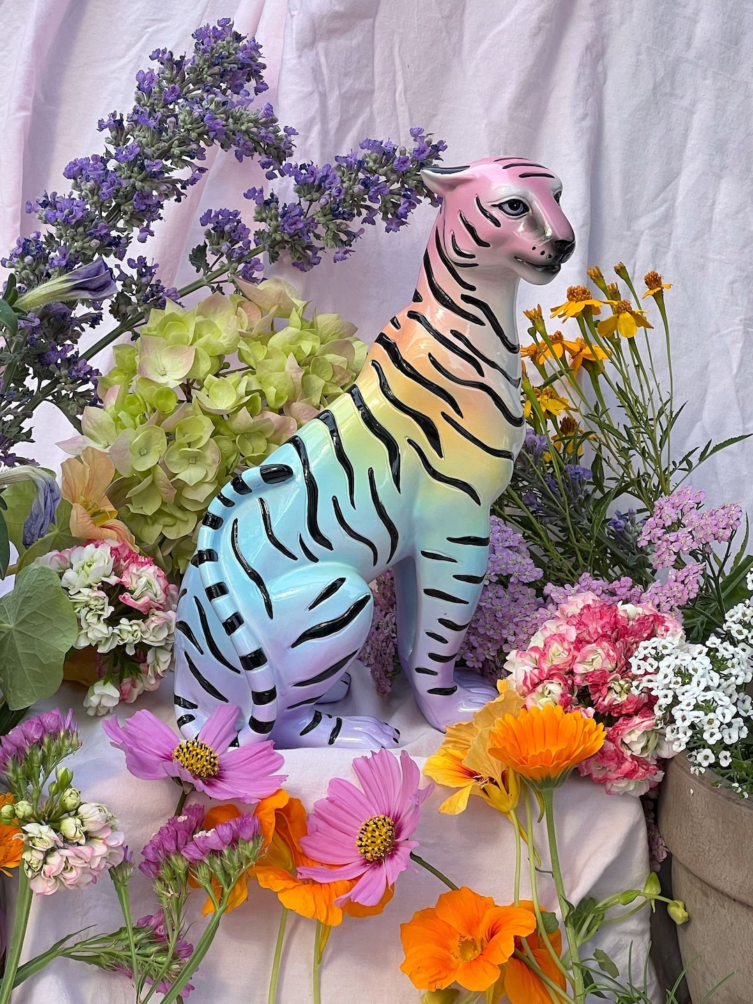 Small Pastel Rainbow Tiger Resin Statue - Colourful Decor - Big Cat ...
