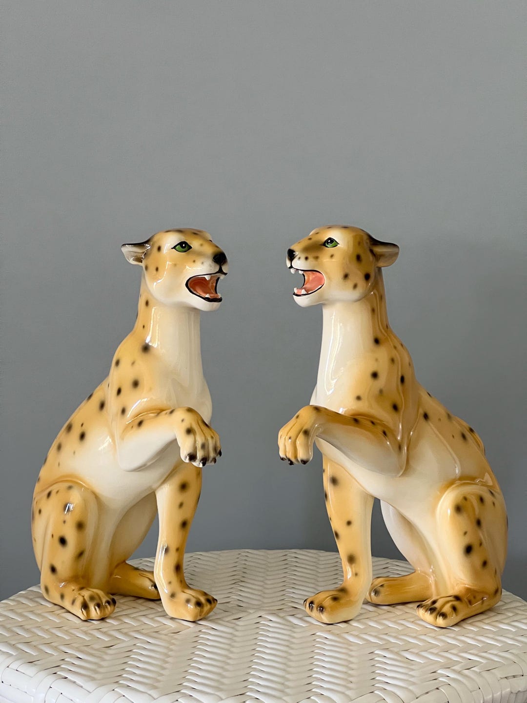 Small Tan Matching Pair of Mirrored Leopard Resin Statues - Mid-century ...