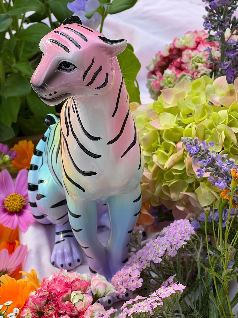 Small Pastel Rainbow Tiger Resin Statue Colourful Decor Mid-century ...
