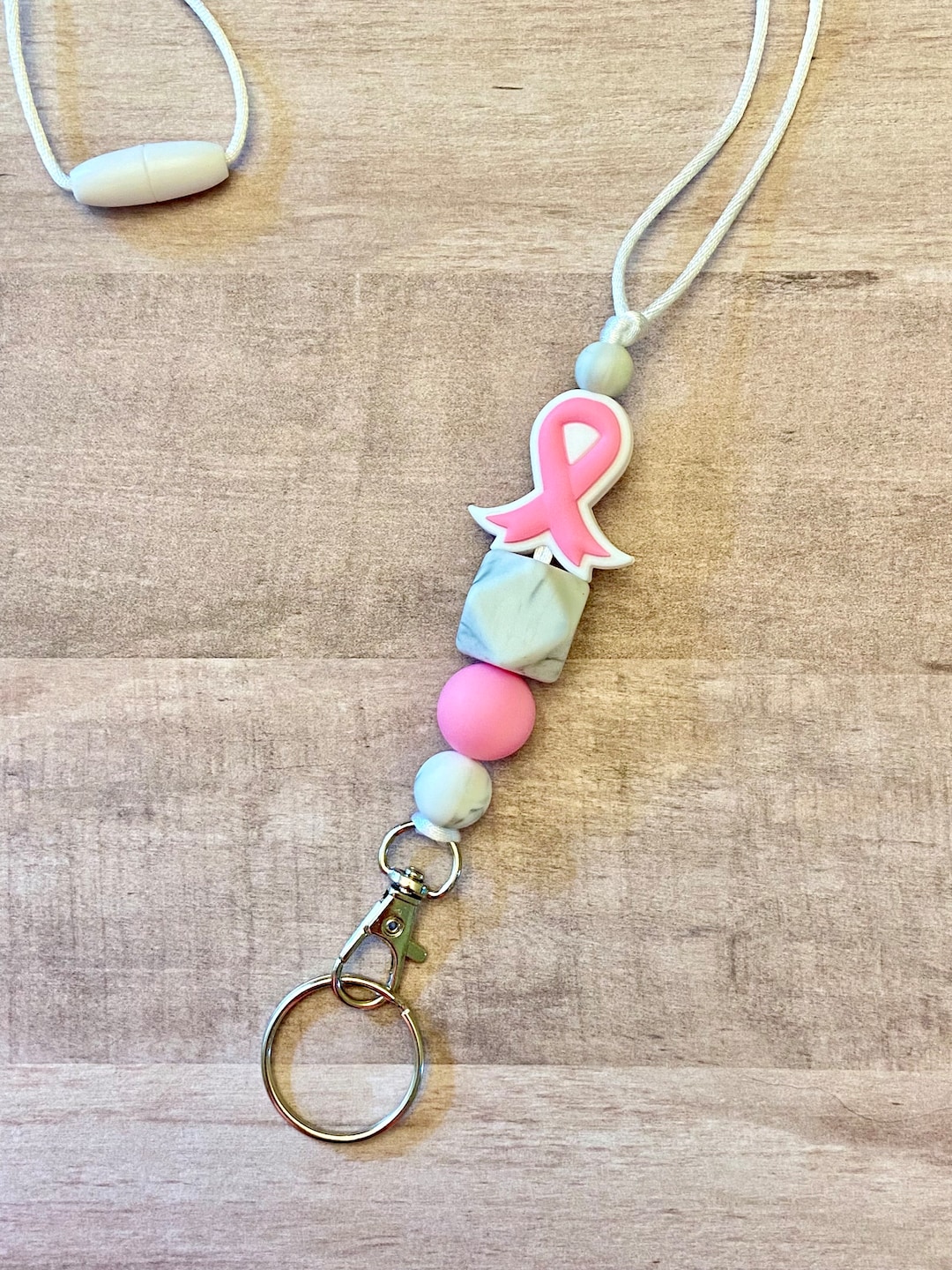 Breast Cancer Awareness Ribbon Silicone Bead Lanyard Keychain / Badge ...