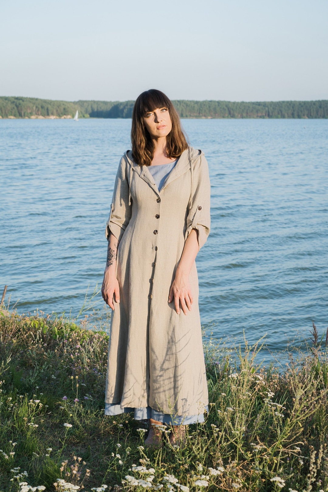 Long Linen Dress/coat With Hood and Pockets on Sides - LAISVE/ Linen ...