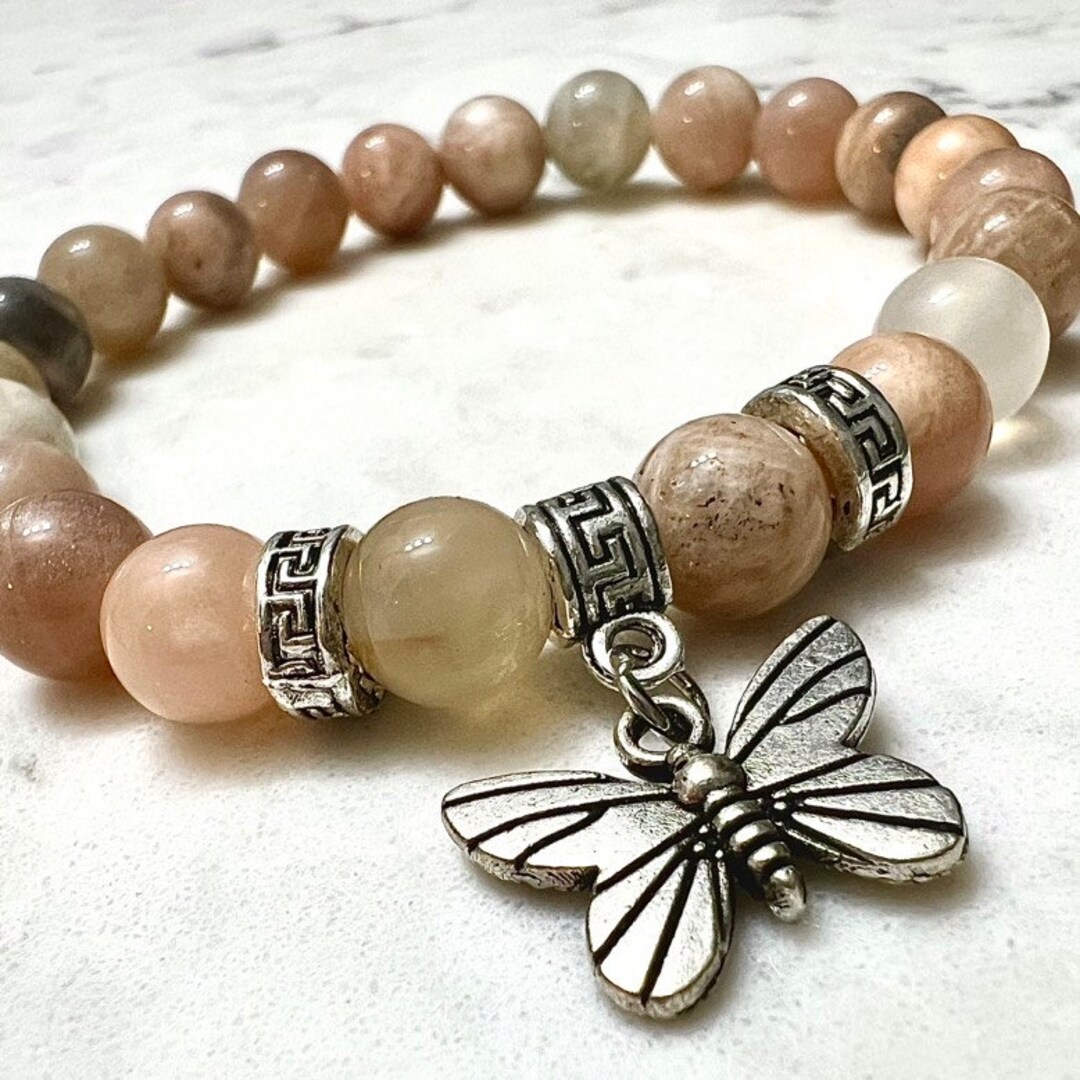 Sunstone With Butterfly Charm Gemstone Bracelet 8mm Rose - Etsy
