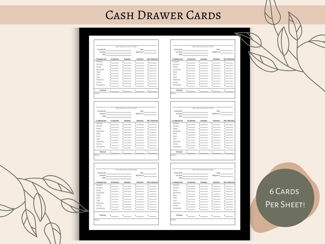 Cash Reconcilaton Card | US Letter | Money Drawer Tracker | Cash ...