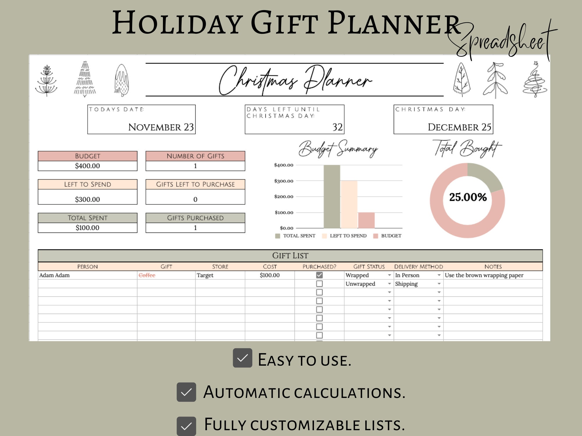 Christmas Gift Tracker | Holiday Planner | Gift Tracking Spreadsheet ...