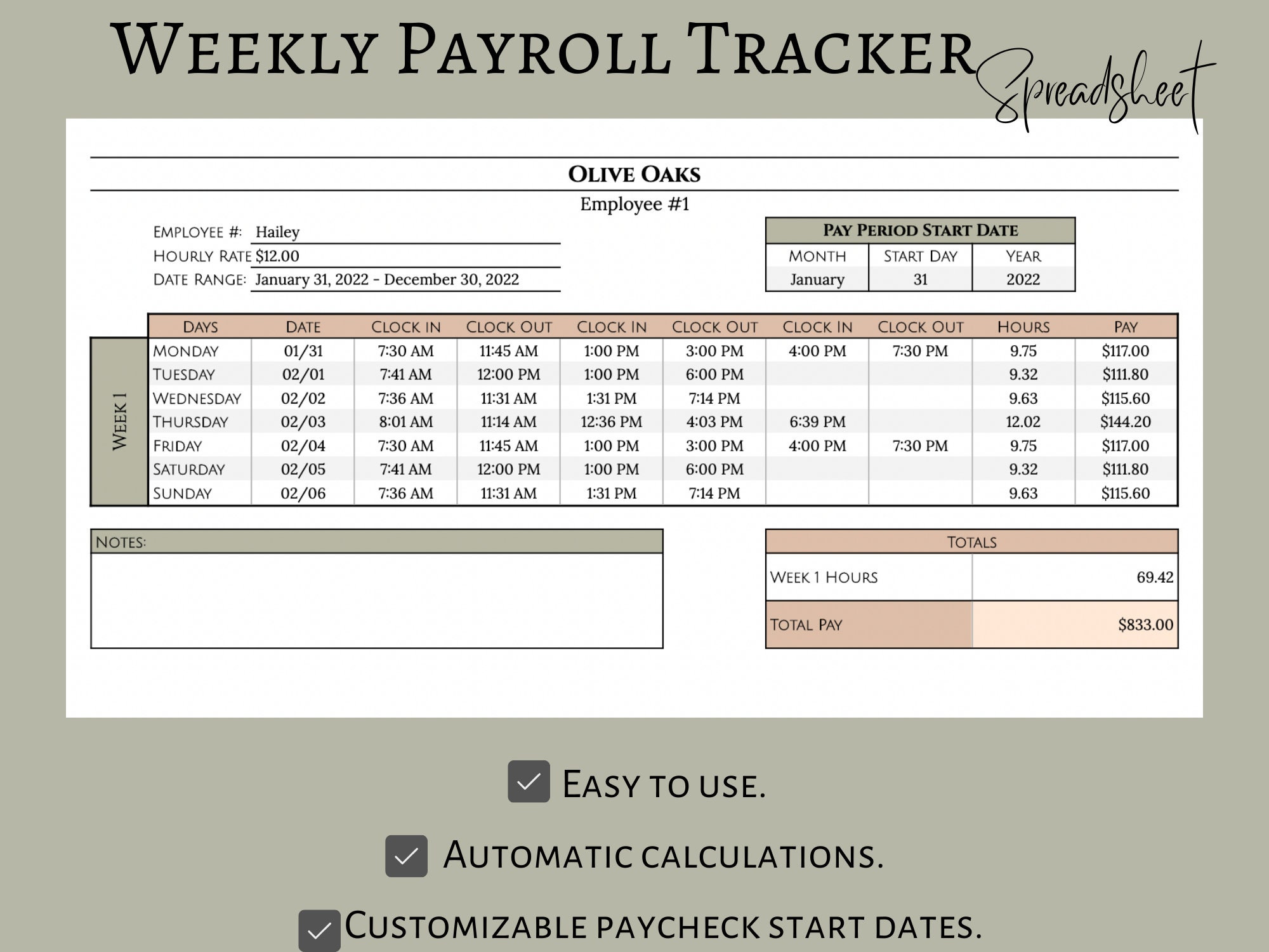 Weekly Payroll Tracker Spreadsheet | Financial Planner | Google Sheets ...
