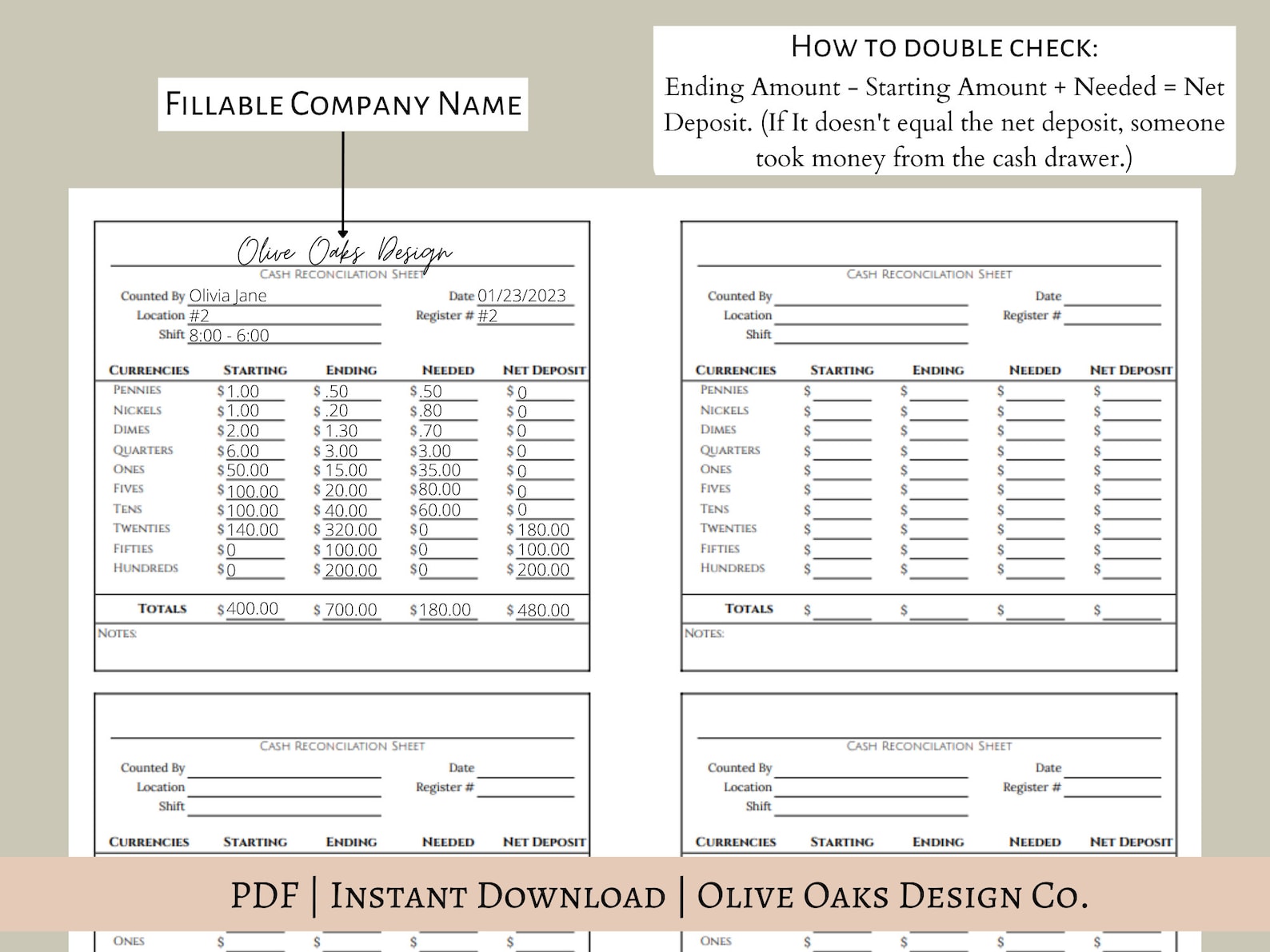 Cash Reconcilaton Card | US Letter | Money Drawer Tracker | Cash ...