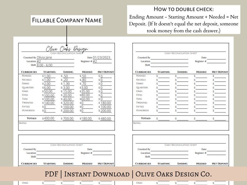 Cash Reconcilaton Card | US Letter | Money Drawer Tracker | Cash ...